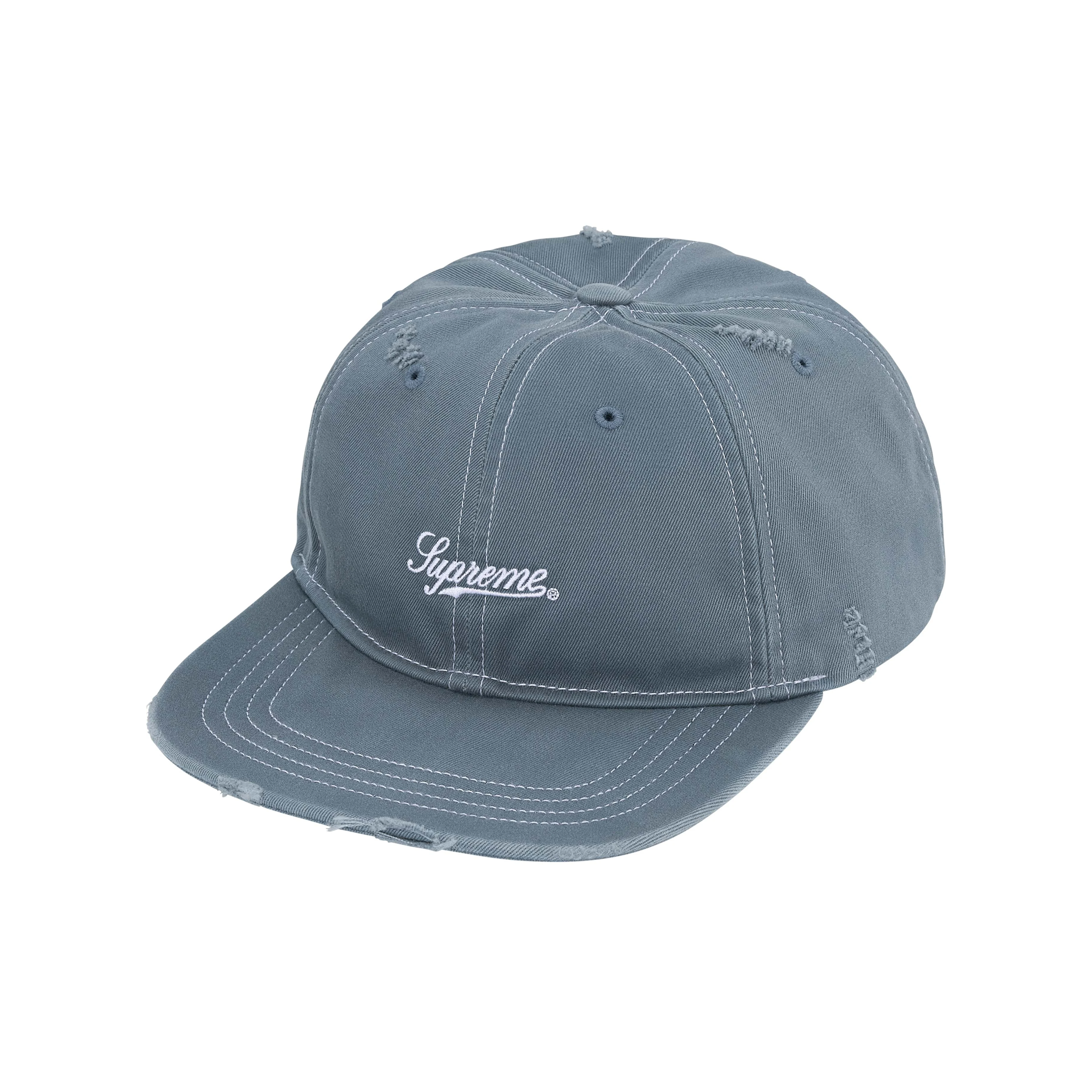 Supreme Distressed Script 6-Panel Cap Slate (FW25) – STEALPLUG KL